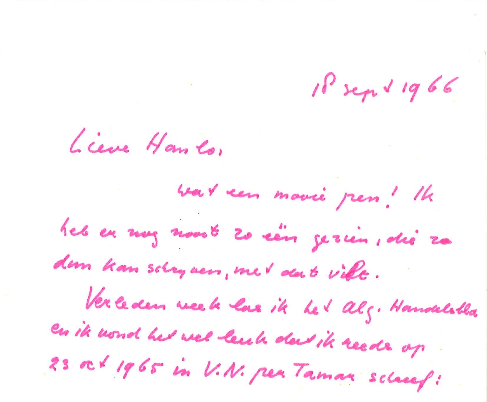 ‘Beste Hanlo, veel dank voor je brief, ik ben er erg trots op ...