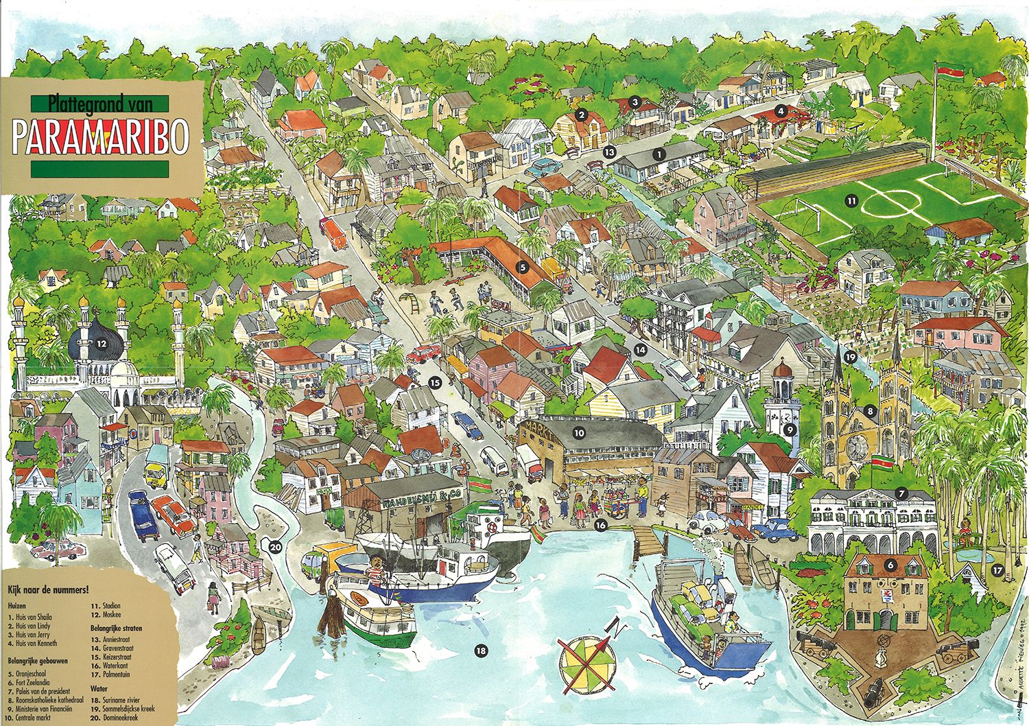 Tekening van Paramaribo door Annette Fienieg